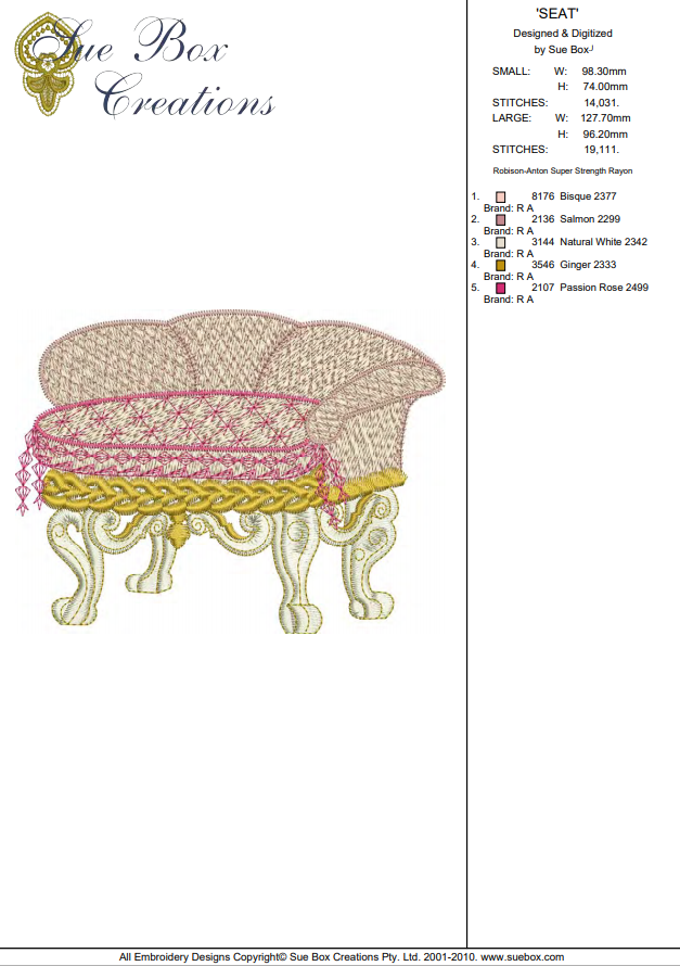 Love Seat Embroidery Motif - 32 - A Romantic Era - by Sue Box – Sue Box ...