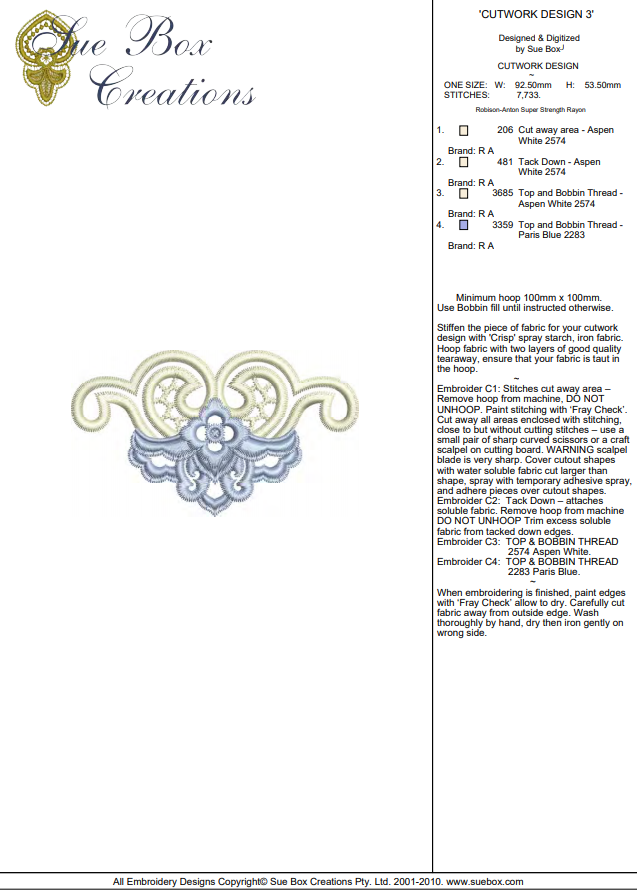 Cutwork by Sue Box - Cutwork Design 3 Embroidery Motif – Sue Box Creations