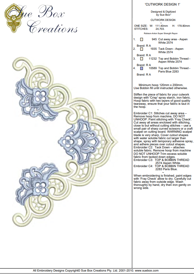 Cutwork by Sue Box - Cutwork Design 1 Embroidery Motif – Sue Box Creations