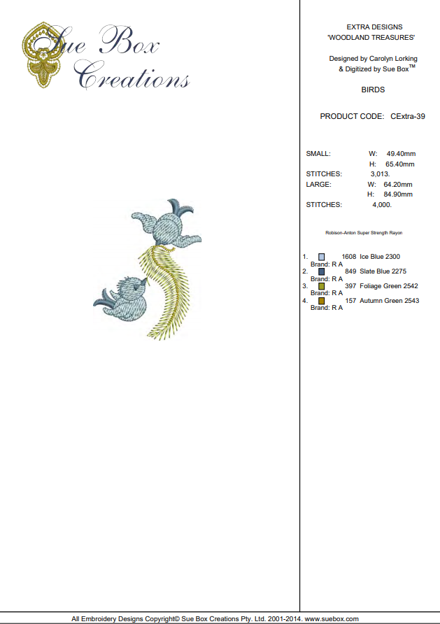 Blue Birds Embroidery Motif by Sue Box – Sue Box Creations