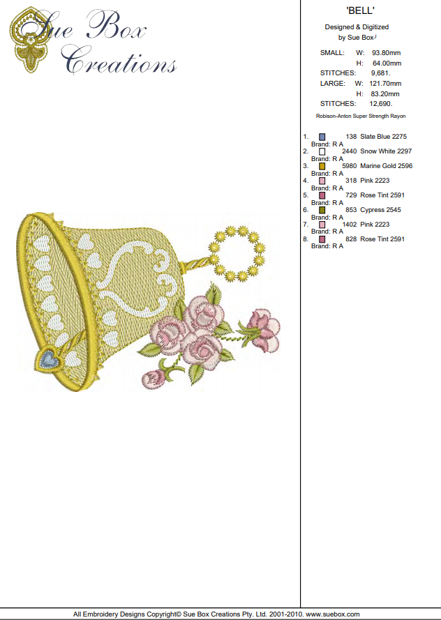 Bell and Roses Embroidery Motif - 14 by Sue Box – Sue Box Creations