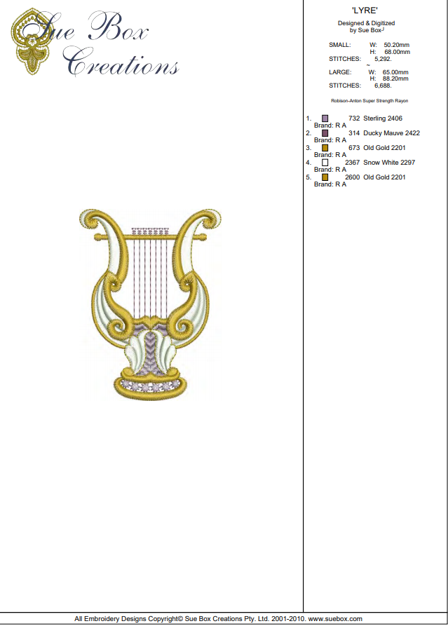 Lyre Embroidery Motif - 21 by Sue Box – Sue Box Creations