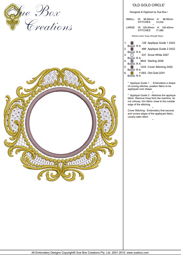 Old Gold Circle Embroidery Motif - 32 by Sue Box – Sue Box Creations