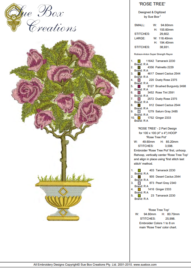 Rose Tree Embroidery Design | Download | Sue Box – Sue Box Creations
