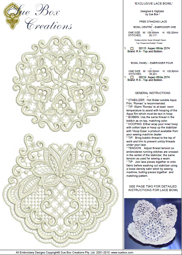 Lace - Exclusive Bowl Set Embroidery Motif by Sue Box – Sue Box Creations