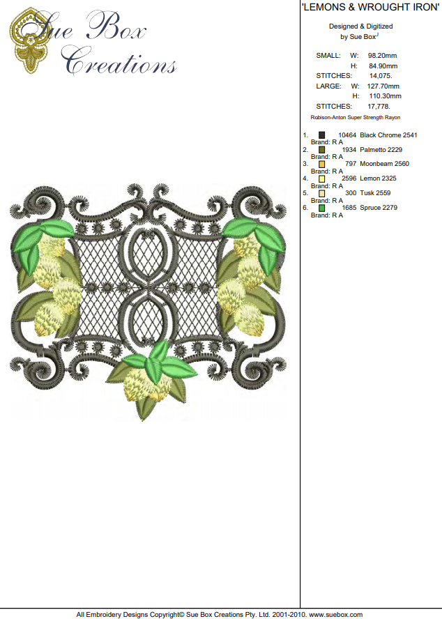 Lemons and Wrought Iron Embroidery Motif - 26 by Sue Box – Sue Box ...