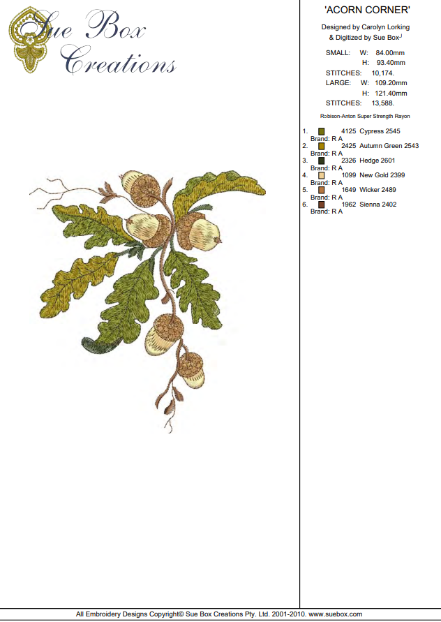 Acorn Corner Embroidery Motif - 05 by Sue Box – Sue Box Creations