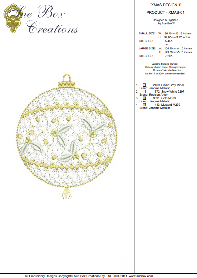 Christmas Bauble Design 1 - Embroidery Motif by Sue Box – Sue Box Creations